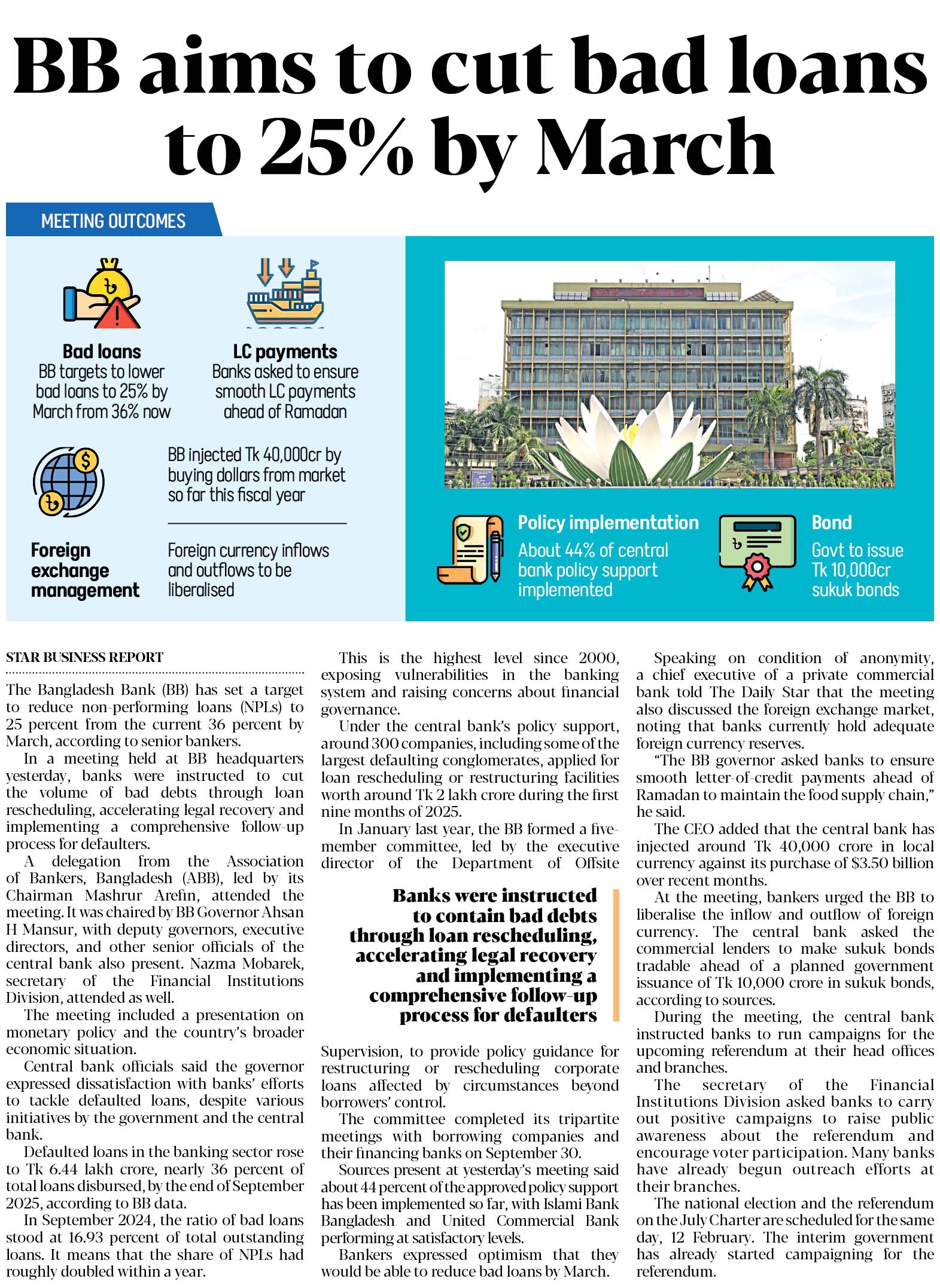 News Shell| BB aims to cut bad loans to 25% by March